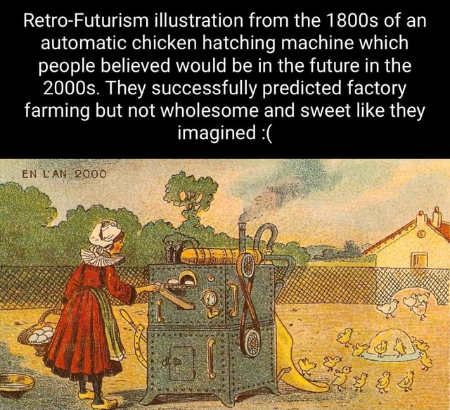 Retro-Futurism illustration from the 1800s of an automatic chicken ...