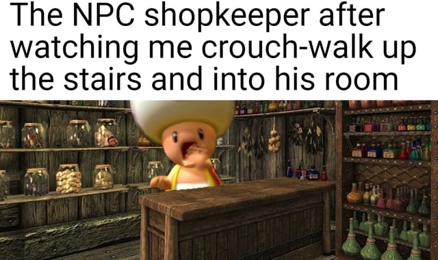 The NPC shopkeeper after watching me crouch-walk up the stairs and into ...