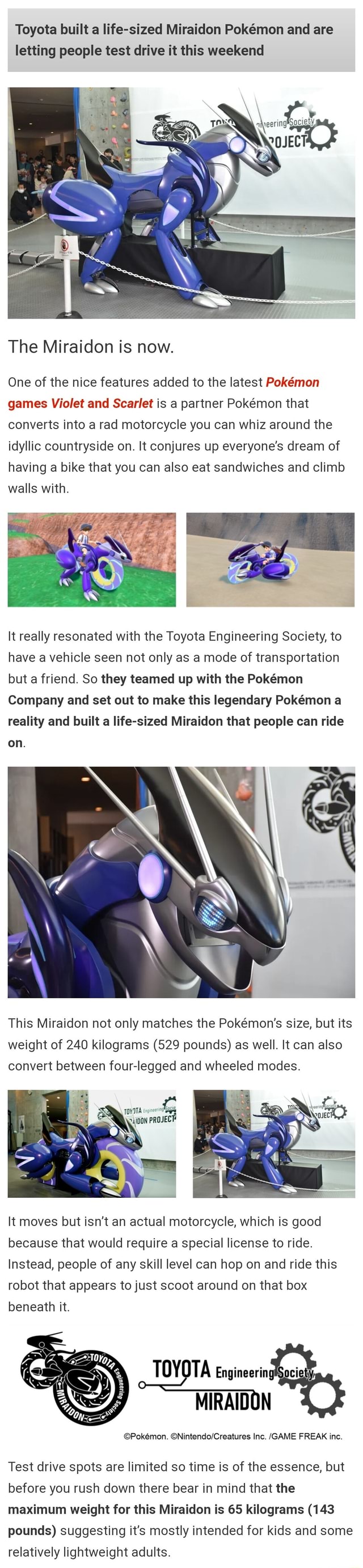 Toyota built a life-sized Miraidon Pokemon and are letting people test ...