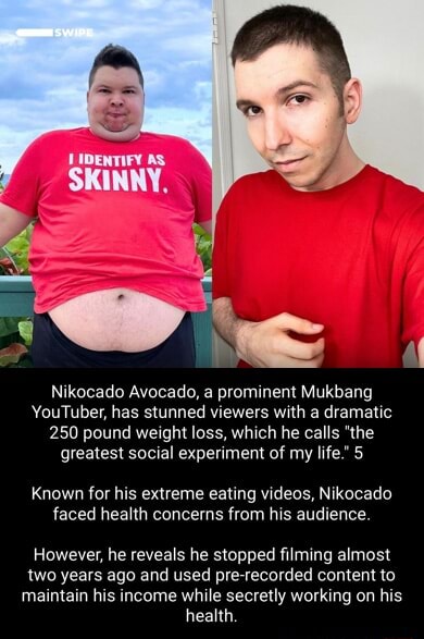 Nikocado Avocado, a prominent Mukbang YouTuber, has stunned viewers ...