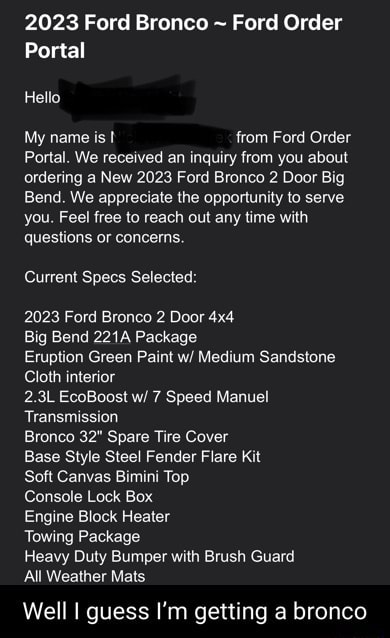 2023 Ford Bronco ~ Ford Order Portal Hello My name is from Ford Order ...