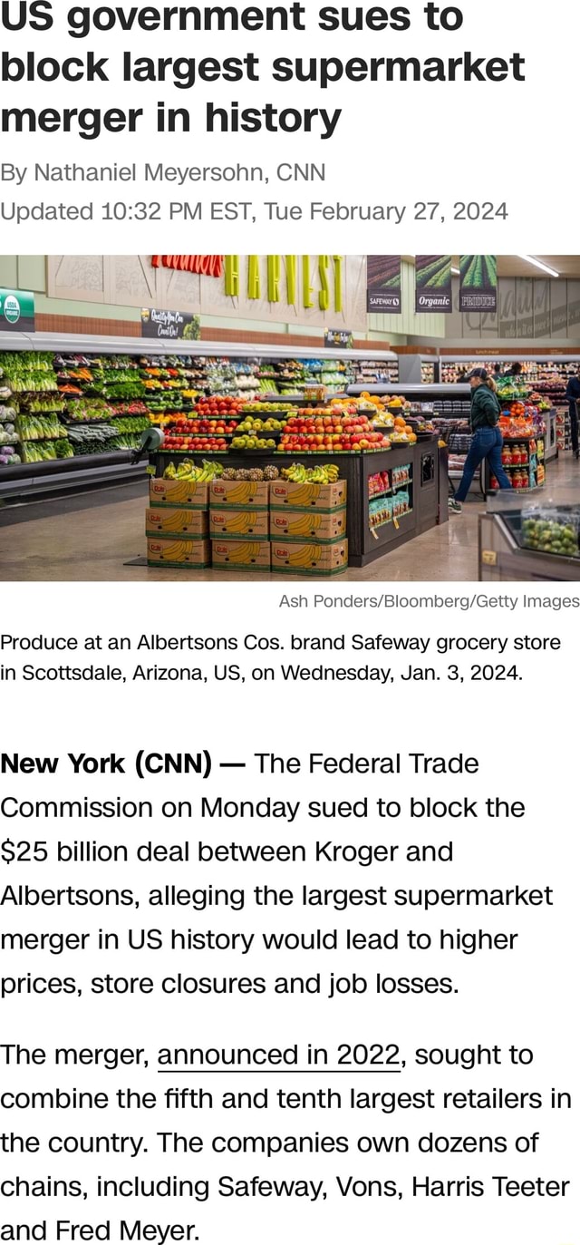 US government sues to block largest supermarket merger in history By ...