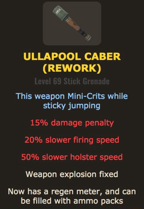 ULLAPOOL CABER (REWORK) This weapon Mini-Crits while sticky jumping 15% ...