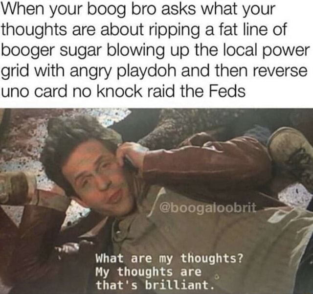 When your boog bro asks what your thoughts are about ripping a fat line ...