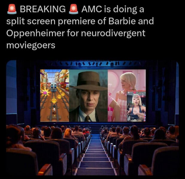 BREAKING AMC is doing a split screen premiere of Barbie and Oppenheimer ...