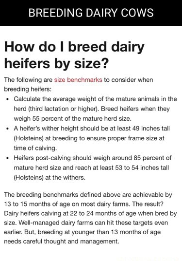 BREEDING DAIRY COWS How do I breed dairy heifers by size? The following ...