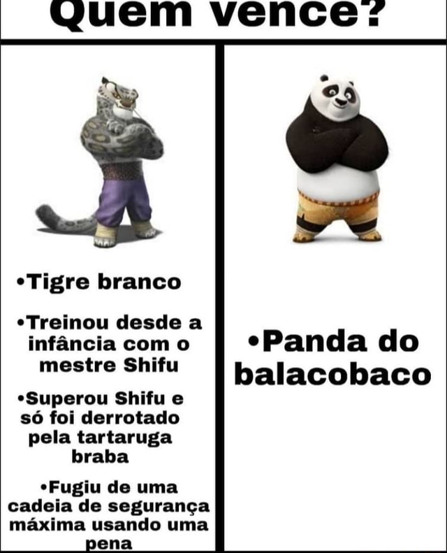 Quem vencer aº "Panda do balacobaco "Tigre branco "Treinou desde a ...