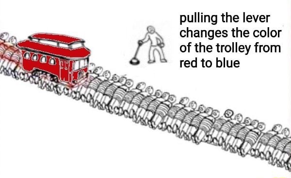 Pulling the lever changes the color of the trolley from red to blue ...