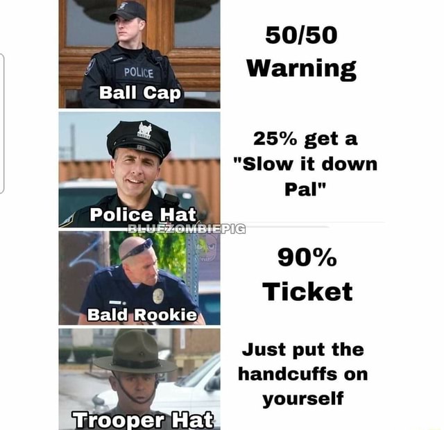 Warning Ball Police Hat Bald Rookie 25% geta "Slow it down Pal" 90% ...