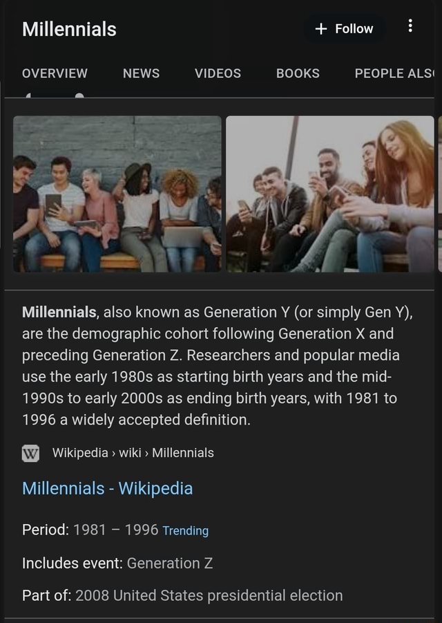 Millennials, also known as Generation Y (or simply Gen Y), are the ...