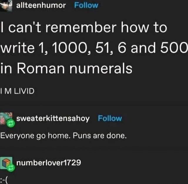I can't remember how to write 1, 1000, 51, 6 and 500 in Roman numerals ...