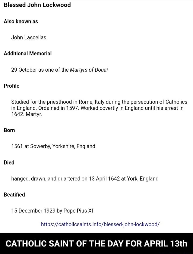 Blessed John Lockwood Also known as John Lascellas Additional Memorial ...