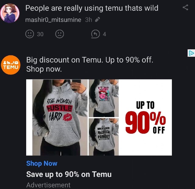 People are really using temu thats wild mashirO_mitsumine TEMU 30 (a) Big discount on Temu. Up ...