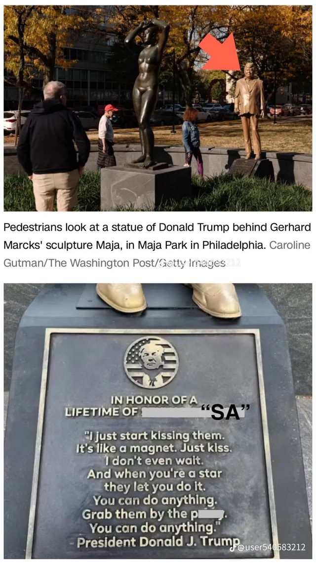 Pedestrians look at a statue of Donald Trump behind Gerhard Marcks ...