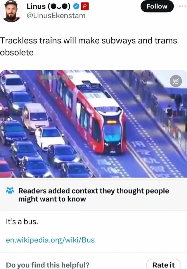 @LinusEkenstam Linus (@Le) Trackless trains will make subways and trams ...