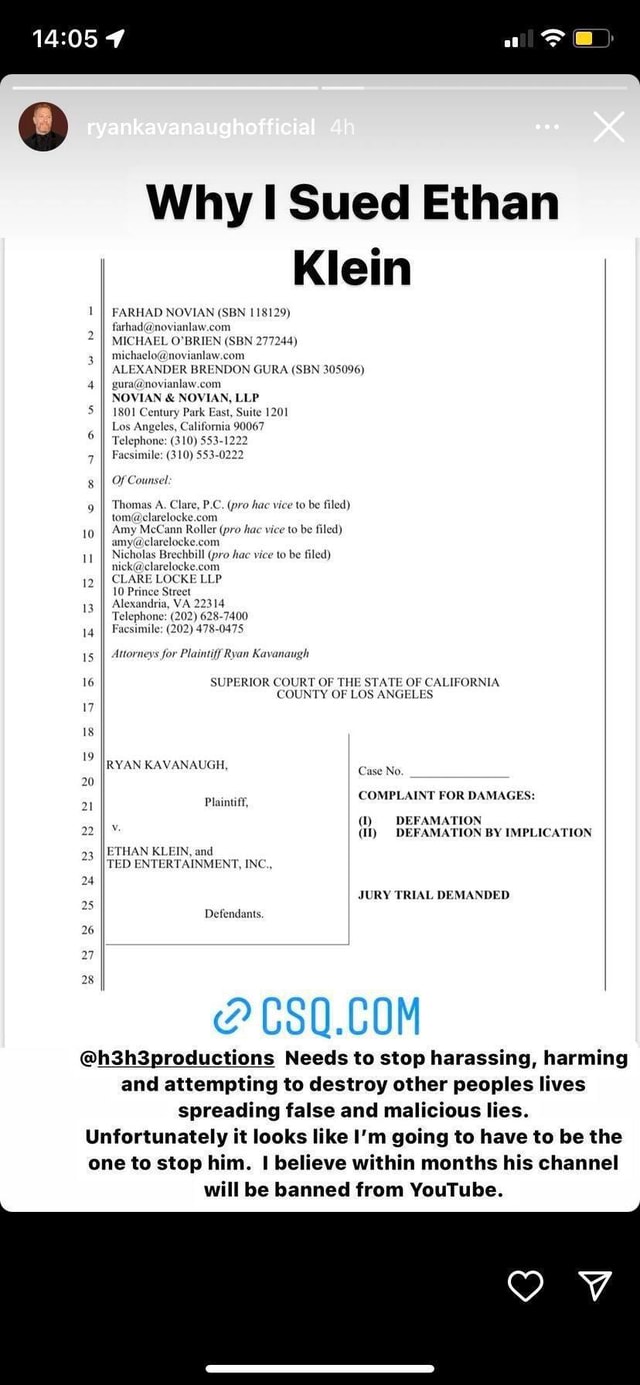 Ryankavanaughofficial Why I Sued Ethan Klein FARHAD NOVIAN (SBN 118129 ...