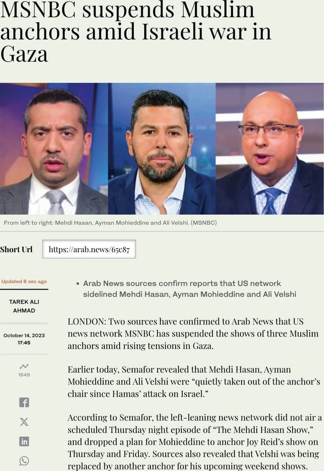 MSNBC suspends Muslim anchors amid Israeli war in Gaza From left to ...