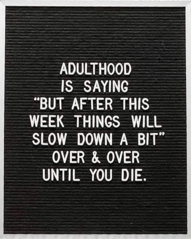 ADULTHOOD IS SAYING "BUT AFTER THIS WEEK THINGS WILL SLOW DOWN A BIT ...
