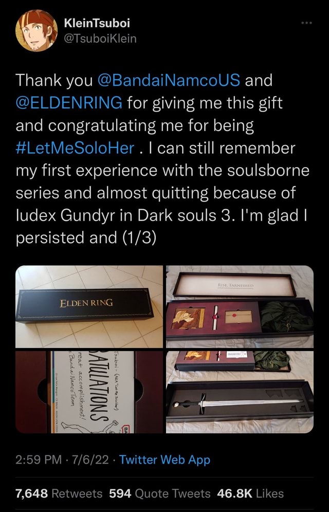 KleinTsuboi @TsuboiKlein Thank you @BandaiNamcoUS and @ELDENRING for giving me this gift and ...