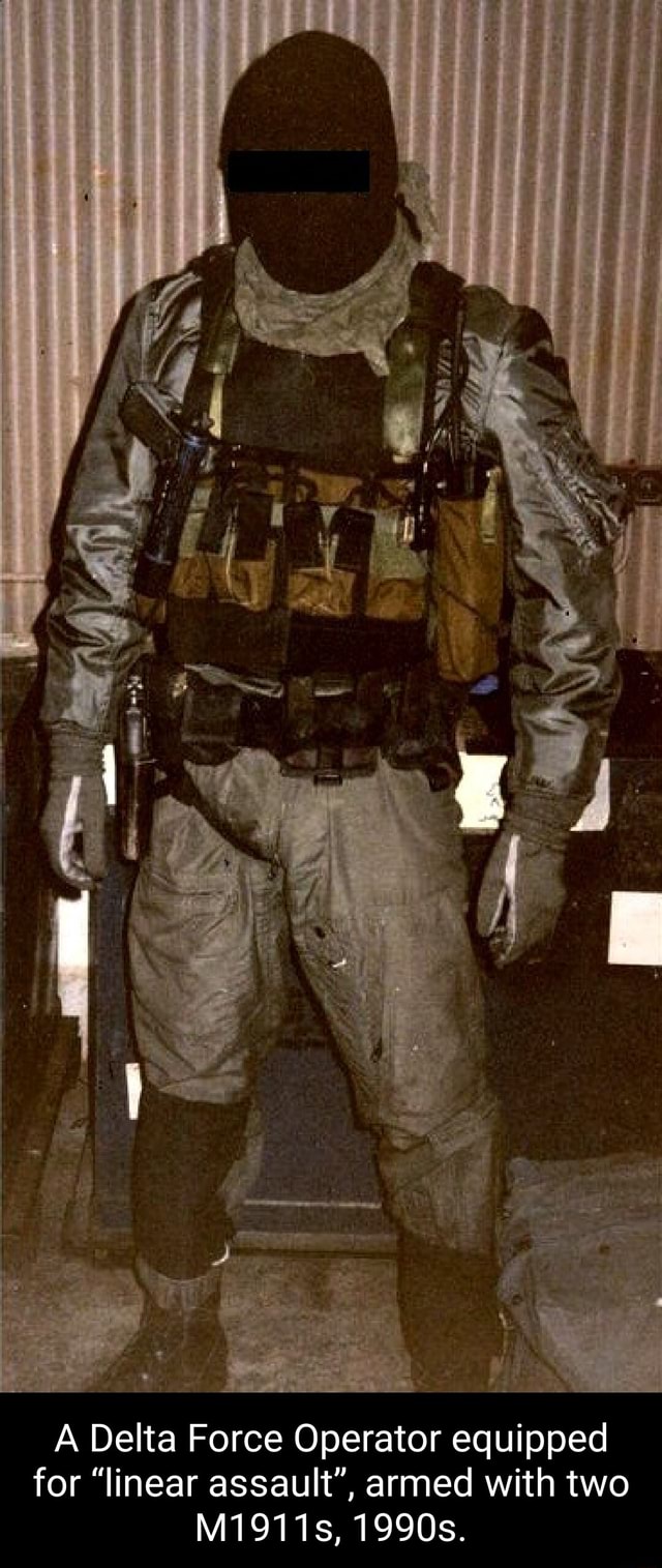A Delta Force Operator equipped for "linear assault", armed with two ...