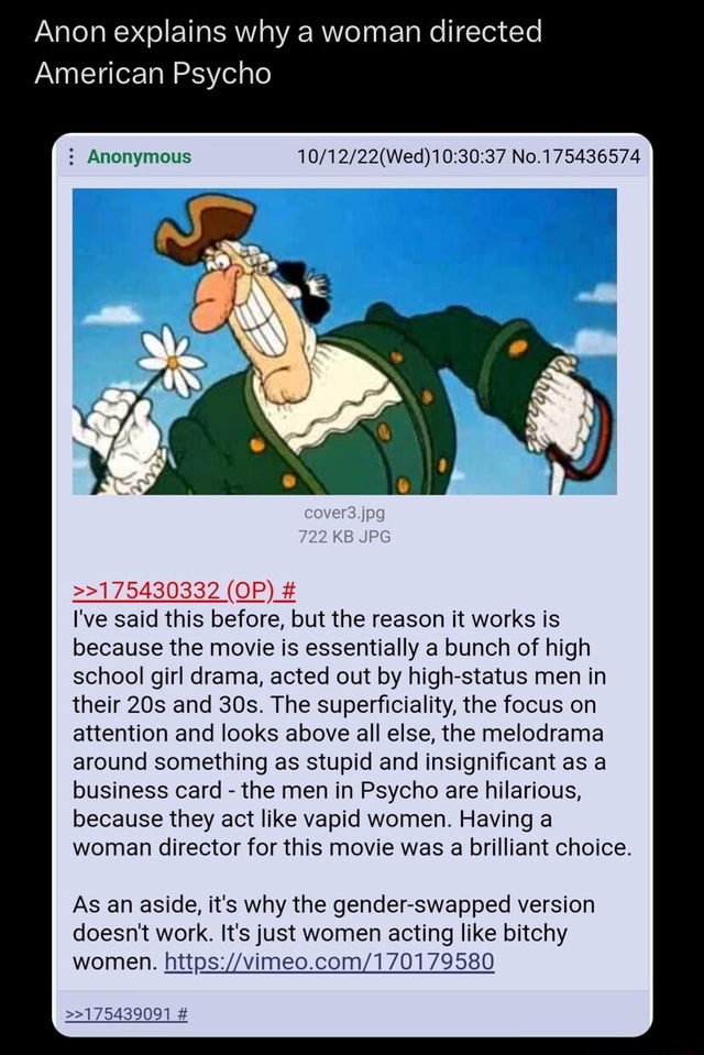 Anon explains why a woman directed American Psycho Anonymous No ...