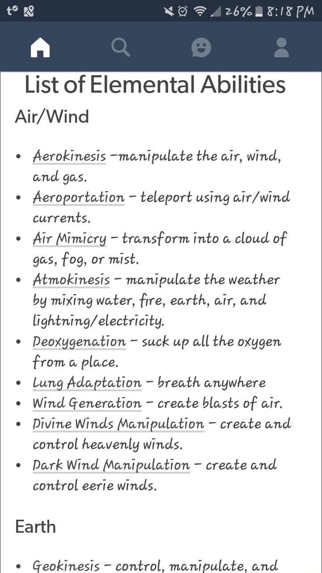 PM List of Elemental Abilities Air/ Wind Aerokinesis -manipulate the ...