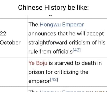 Chinese History be like: 22 October The Hongwu Emperor announces that ...