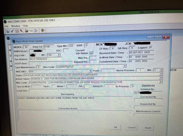 @ NALCOMIs OMA - FOR OFFICIAL USE ONLY Basic Work Order Update BUNG ...