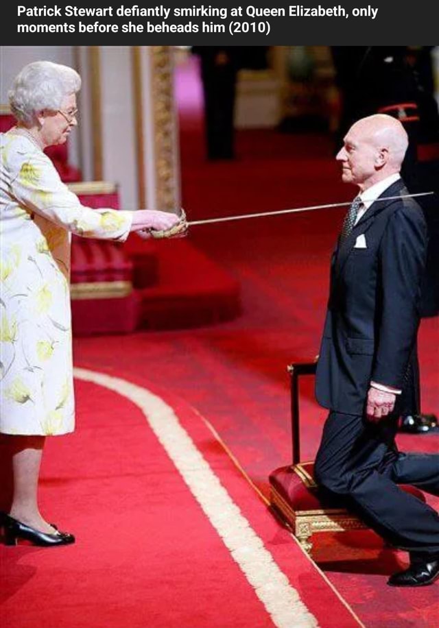 Patrick Stewart defiantly smirking at Queen Elizabeth, only moments ...