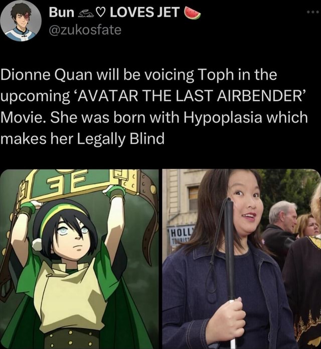 Bun LOVES JET LY @zukosfate Dionne Quan will be voicing Toph in the ...