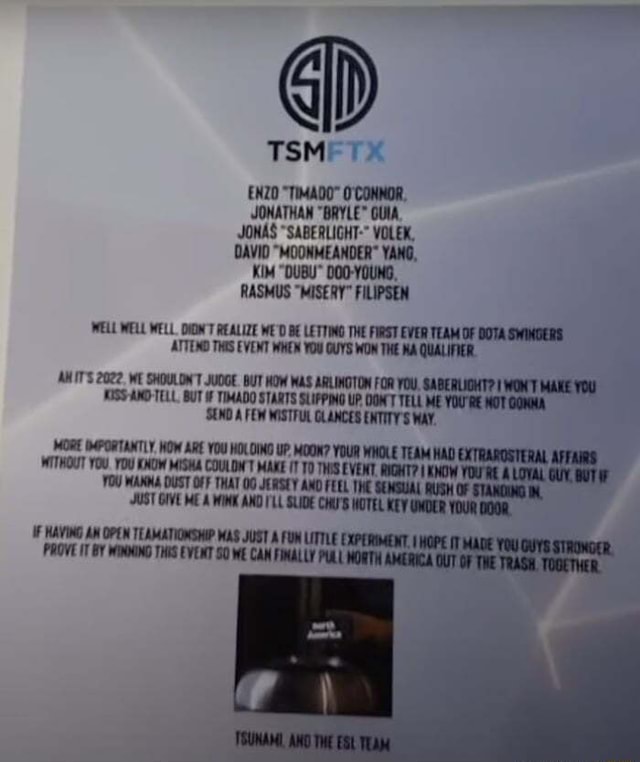 TSM ENZO O'CONNOR, JONATHAN GUIA. JONAS "SABERLIGHT-" VOLEK, DAVID YANG ...