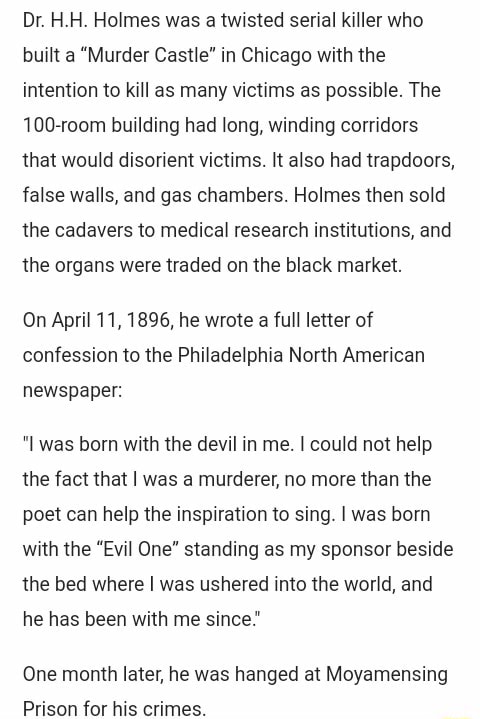 Dr. H.H. Holmes was a twisted serial killer who built a ”Murder Castle ...