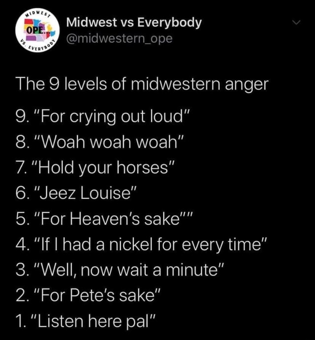 The 9 levels of midwestern anger 9. "For crying out loud" 8. "Woah woah ...