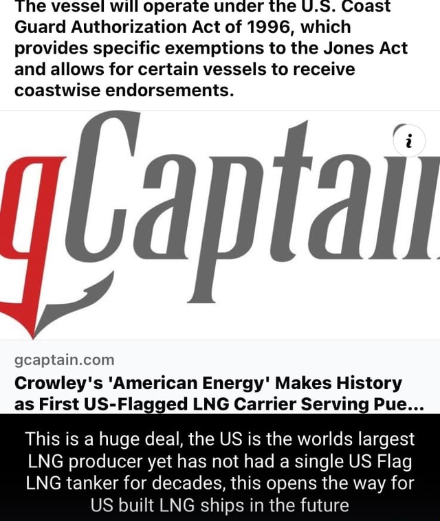 The vessel will operate under the Coast Guard Authorization Act of 1996 ...