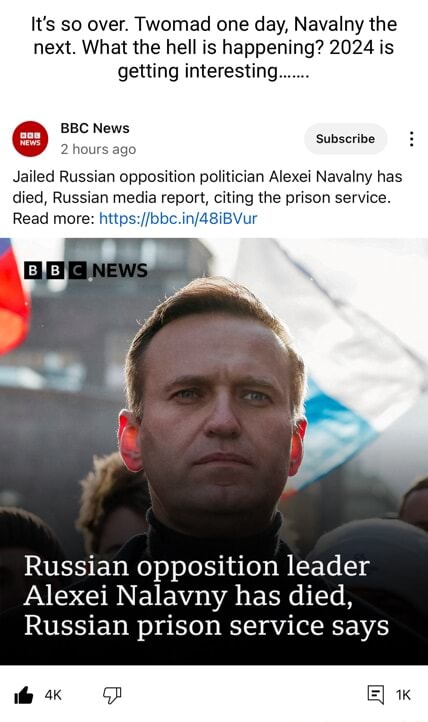 It's so over. Twomad one day, Navalny the next. What the hell is ...