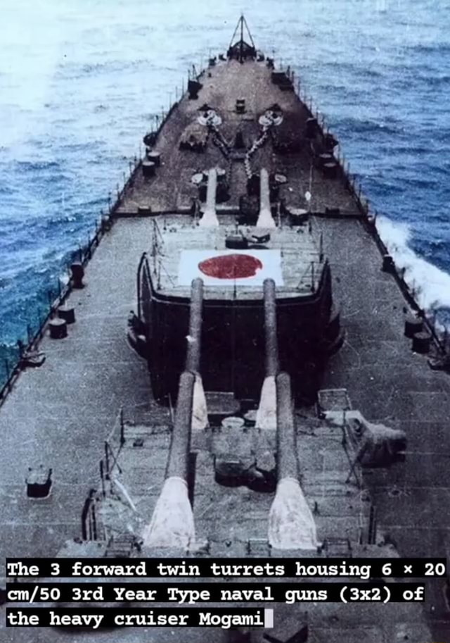 The 3 forward twin turrets housing 6 x 20 Year Type naval guns of the ...