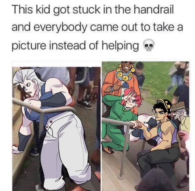 This kid got stuck in the handrail and everybody came out to take a ...