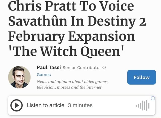 Chris Pratt To Voice Savathiin In Destiny 2 February Expansion 'The ...