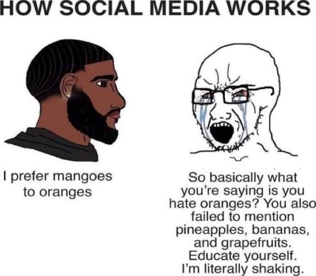 HOW SOCIAL MEDIA WORKS I prefer mangoes So basically what to oranges ...