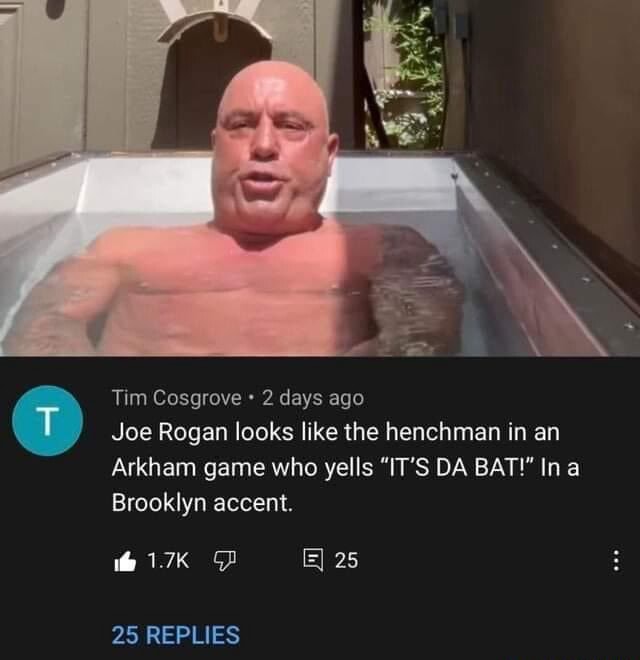 Tim Cosgrove 2 days ago Joe Rogan looks like the henchman in an Arkham ...