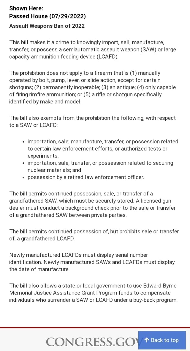 Shown Here: Passed House Assault Weapons Ban of 2022 This bill makes it ...