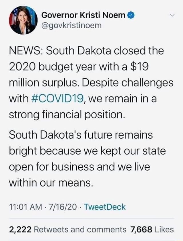 Governor Kristi Noem NEWS: South Dakota closed the 2020 budget year ...