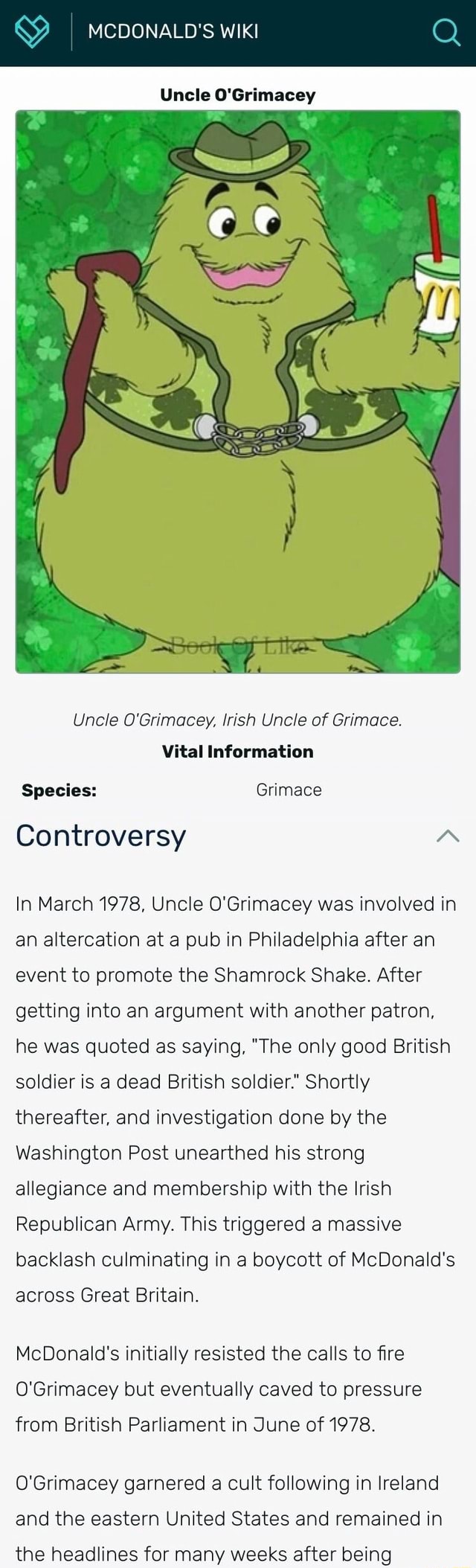 MCDONALD'S WIKI Uncle O'Grimacey ce Uncle O'Grimacey, Irish Uncle of ...