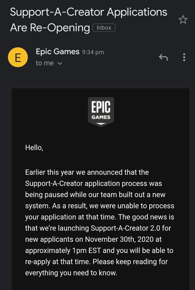 Support-A-Creator Applications Are Re-Opening inbox Epic Games pm tome ...