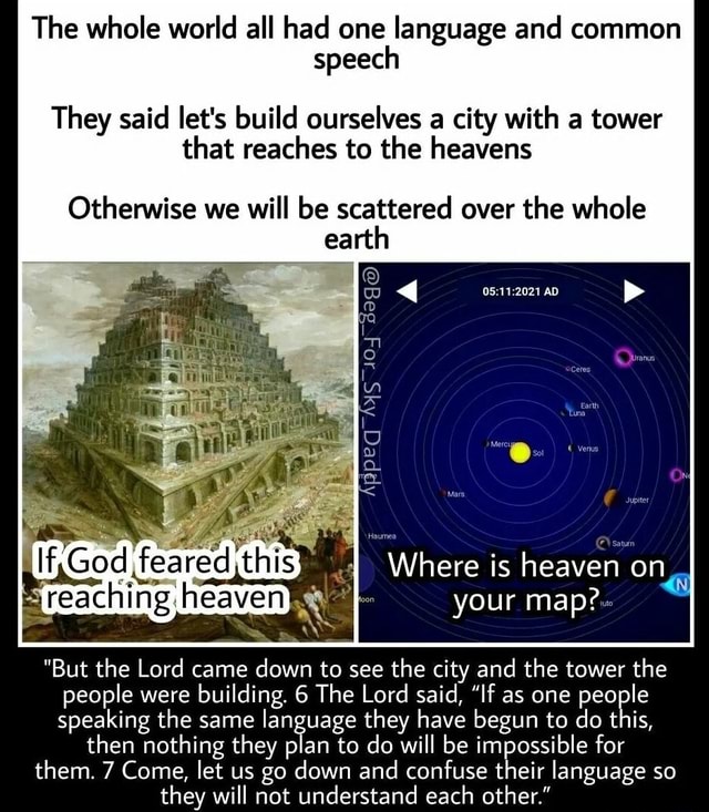 The whole world all had one language and common speech They said let's build ourselves a city ...