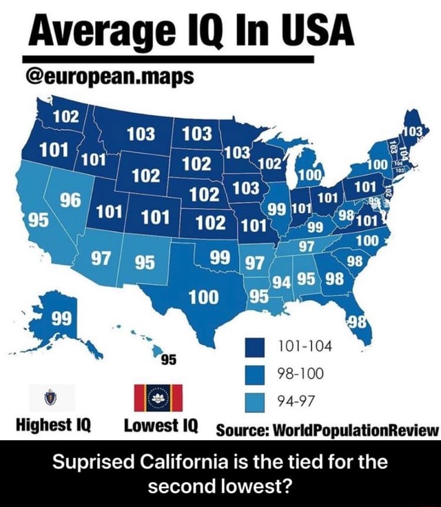 Average IQ In USA @european.maps 102\ 101-104 98-100 4-97 99 100 95 ...