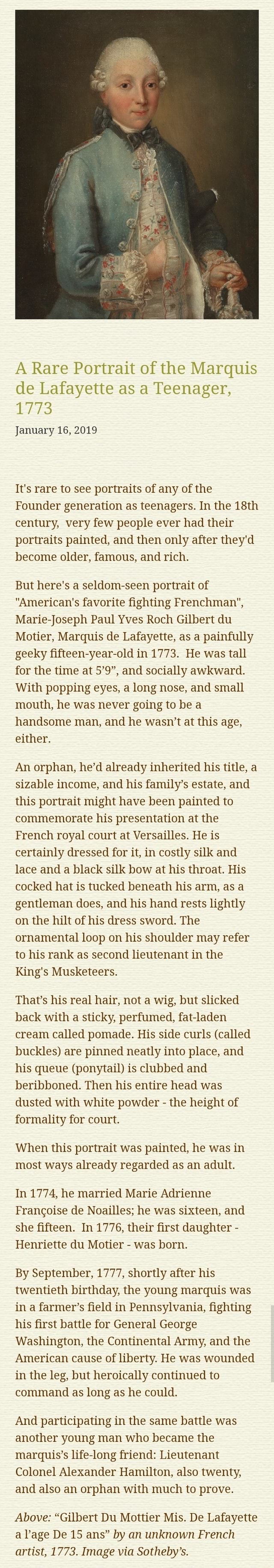 A Rare Portrait of the Marquis de Lafayette as a Teenager, 1773 January ...