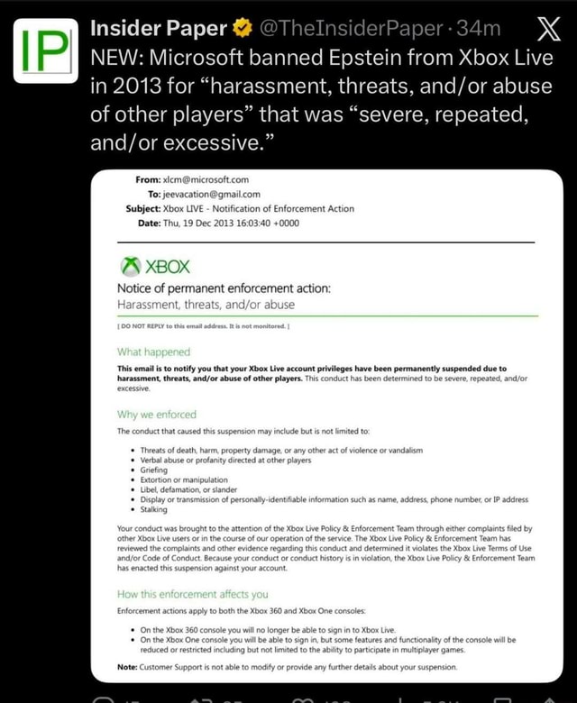 Insider Paper @ nsic X NEW: Microsoft banned Epstein from Xbox Live in ...