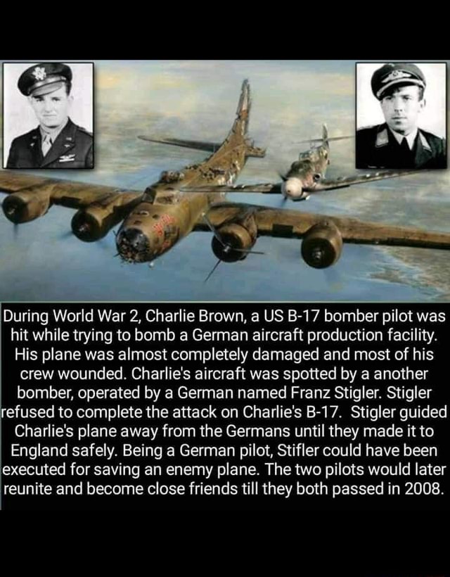 During World War 2, Charlie Brown, a US B-17 bomber pilot was hit while ...