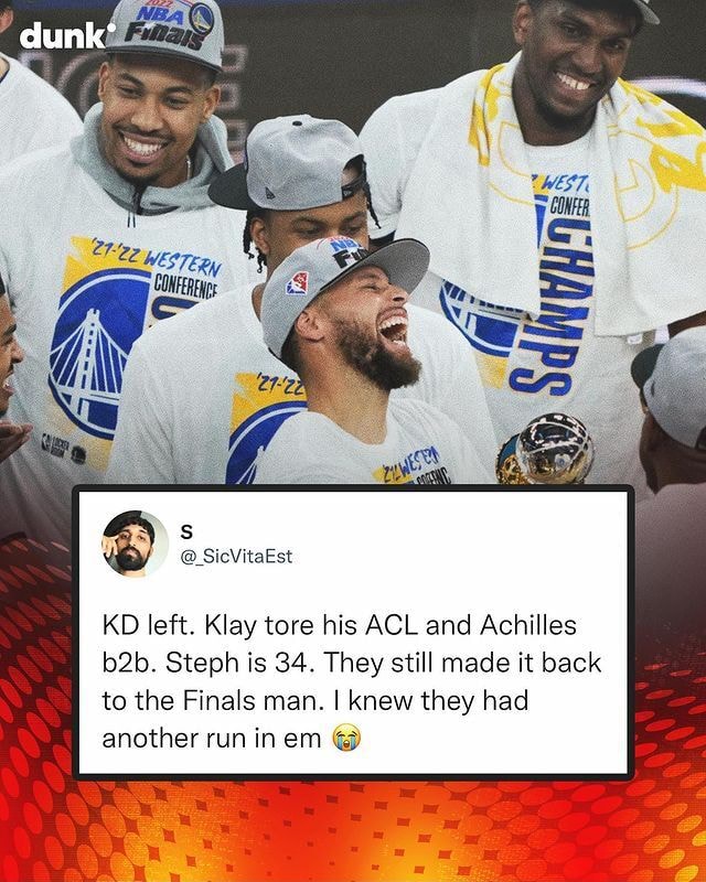 Dunk' @ SicVitaEst KD left. Klay tore his ACL and Achilles Steph is 34 ...